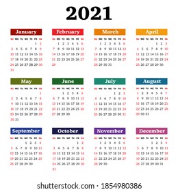 Calendar Grid 2021 Year Week Starts Stock Vector (Royalty Free ...