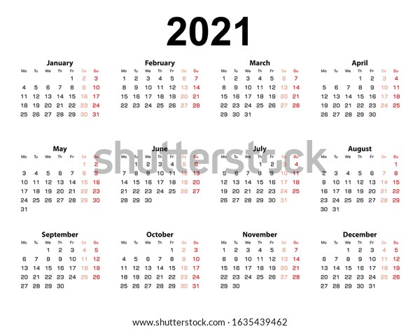 Calendar Layout 2021 Year Week Starts Stock Vector (Royalty Free ...