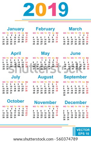 Calendar New Year 2019 Date Your Stock Vector (Royalty Free) 560374789 ...