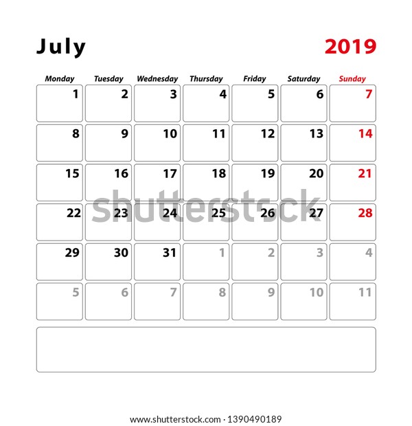 Calendar Planner Sheet Month July 2019 Stock Vector (Royalty Free ...
