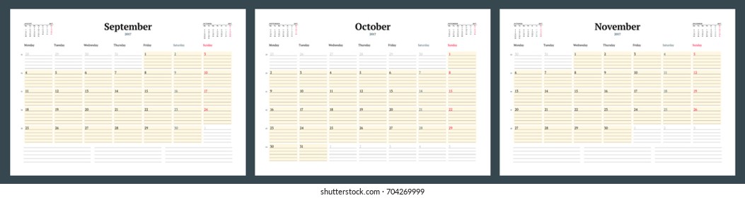 Calendar Planner Template Autumn 2017 September Stock Vector (Royalty ...