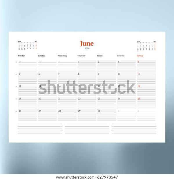 Calendar Planner Template June 2017 Week Stock Vector (Royalty Free) 627973547