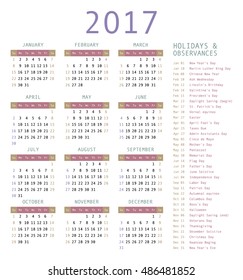 Calendar Template 2017 Calendar Holiday Dates Stock Vector (Royalty ...