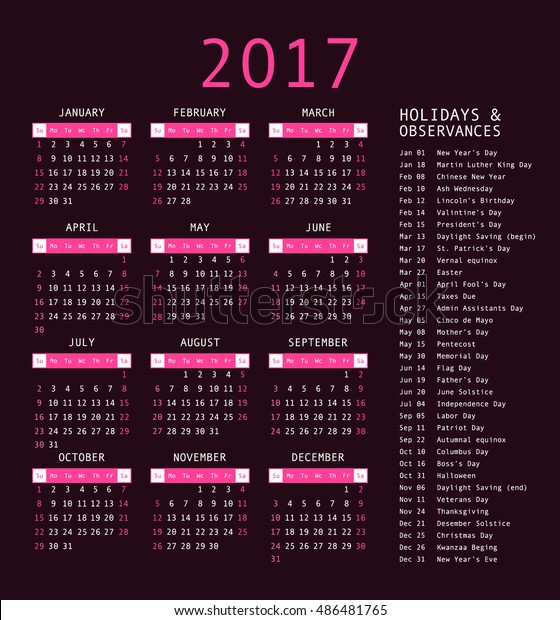 Calendar Template 2017 Calendar Holiday Dates: เวกเตอร์สต็อก (ปลอดค่า ...