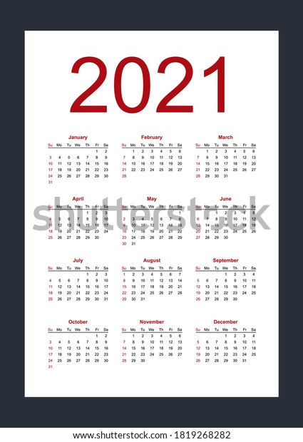 Calendar Template 2021 Year Week Starts Stock Vector (Royalty Free ...