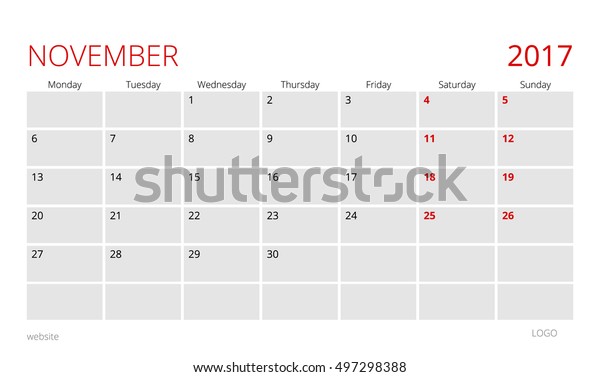 Calendar Template November 2017 Stock Vector (Royalty Free) 497298388 ...