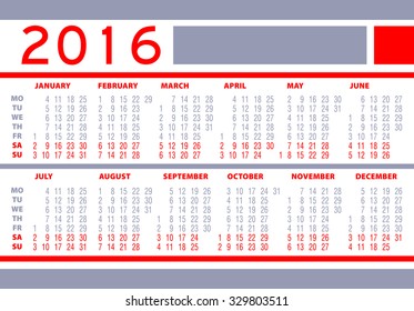 Calendar Year 2016 Week Starts Monday Stock Vector (Royalty Free ...