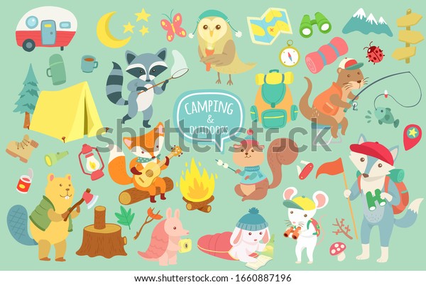 Camping Animals Hand Drawn Style Cute Stock Vector (Royalty Free ...