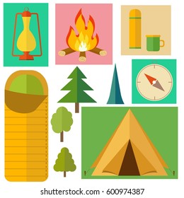 Vektor Stok Camping Equipment Icon Set Campfire Tree (Tanpa Royalti ...