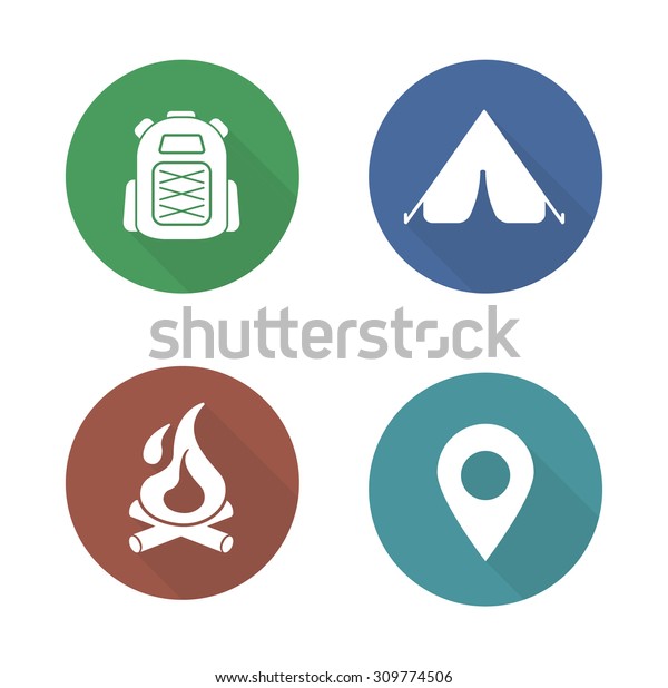 Camping flat design icons set. Boy-scout travel backpack symbol ...