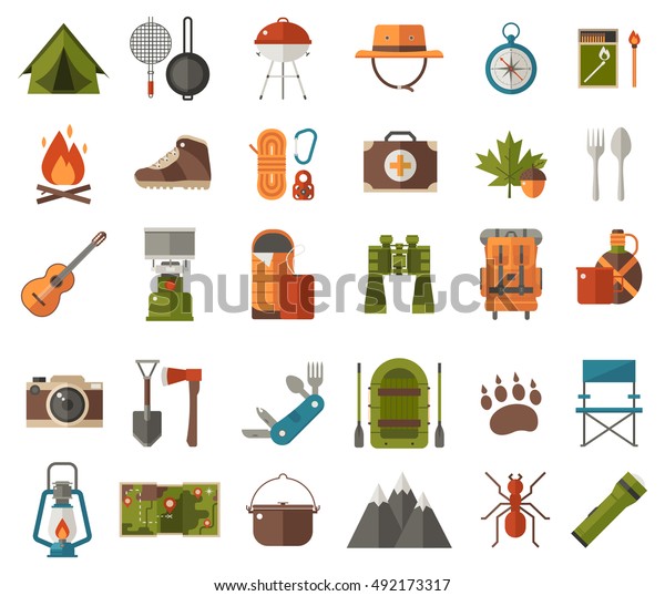 Camping Icon Set Camp Gear Adventure Stock Vector (Royalty Free) 492173317