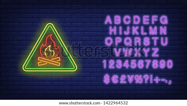 Camping neon sign. Triangle, fire, bonfire, campfire. Vector ...