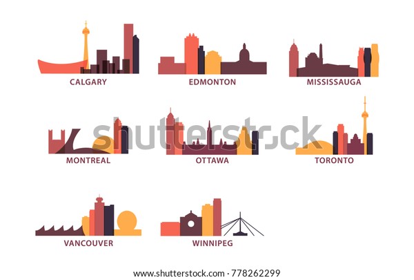 Canada Cities Icons Set Skyline Landmarks Stock Vector (Royalty Free ...