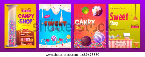 Candy Sweet Shop Ad Banners Set: เวกเตอร์สต็อก (ปลอดค่าลิขสิทธิ์ ...