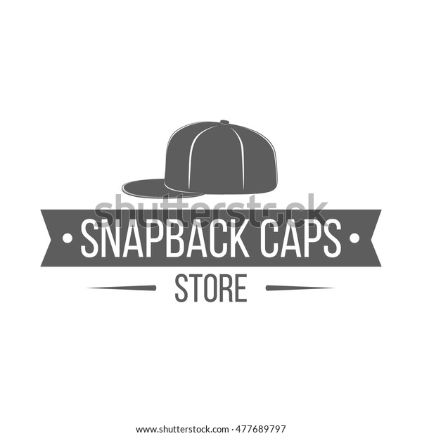 Caps store logo. Monochrome label with baseball hat and ribbon isolated ...