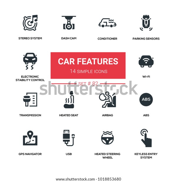 Car features - line design silhouette icons set. Conditioner, parking ...