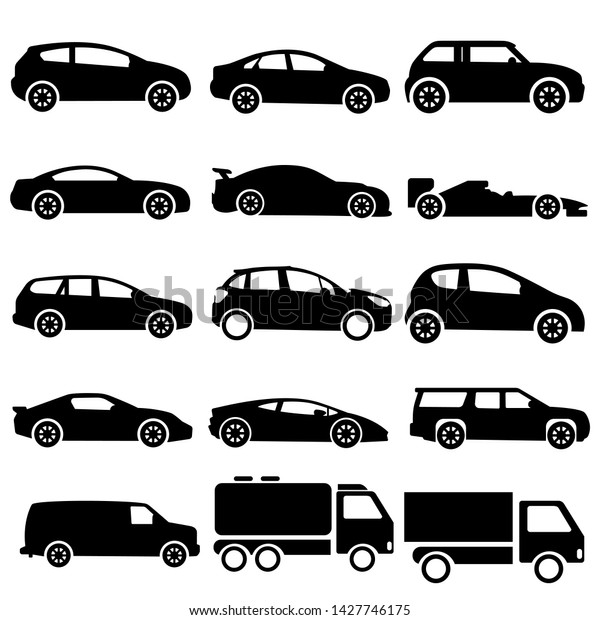 Car icon side view set, black silhouette. Road vehicle with four wheels ...