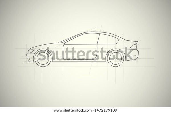 Car Line Draw Blueprint Side View: vector de stock (libre de regalías ...