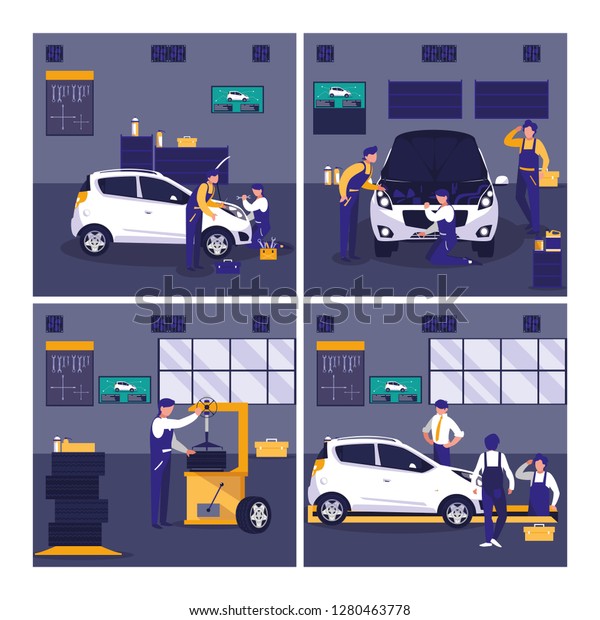 Car Maintenance Workshop Mechanics Team Stock Vector (Royalty Free ...