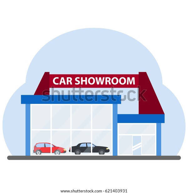 Car Showroom On Blue Background Flat Stock Vector (Royalty Free) 621403931