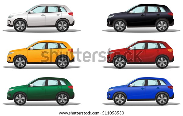 Car vehicles set in six different colors. Vector realistic illustration. Car vehicles set in six different colors. Vector realistic illustration.