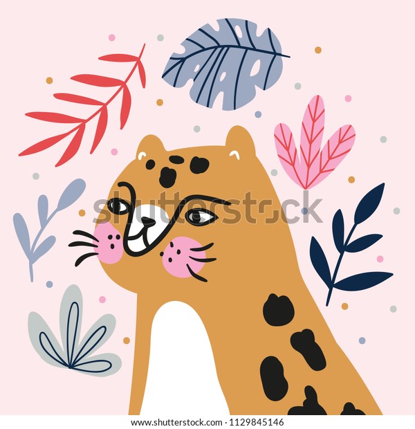 Card Face Cute Leopard Funny Cat Stock Vector (Royalty Free) 1129845146 ...