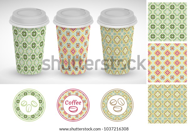 Cardboard Coffee Cups Emblems Labels Seamless Stock Vector (Royalty ...