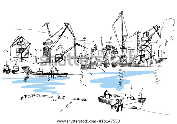 Cargo, ship, shipyard, sketch. Hand drawn landscapes with views of the ...