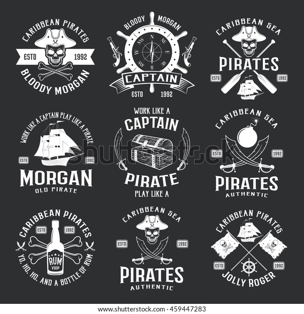 Caribbean Pirates Monochrome Emblems Helm Ship Stock Vector (Royalty ...