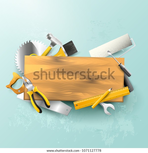 Carpentry Trendy Background Tools Wooden Sign Stock Vector (Royalty ...