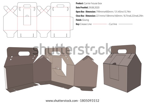 Carrier house box packaging design template gluing die cut - vector