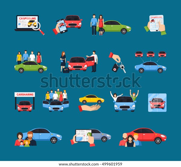 Carsharing Icons Set Carpooling Symbols On Stock Vector (Royalty Free ...