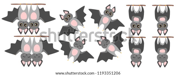 Cartoon Bat hanging on the tree and flying bat. Set Halloween Vector ...