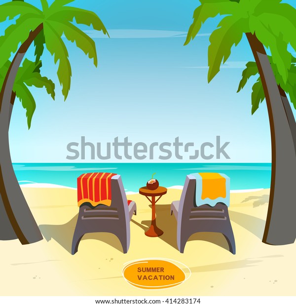 Cartoon Beachside Image Sunbeds Couple Towels Stock Vector (Royalty ...