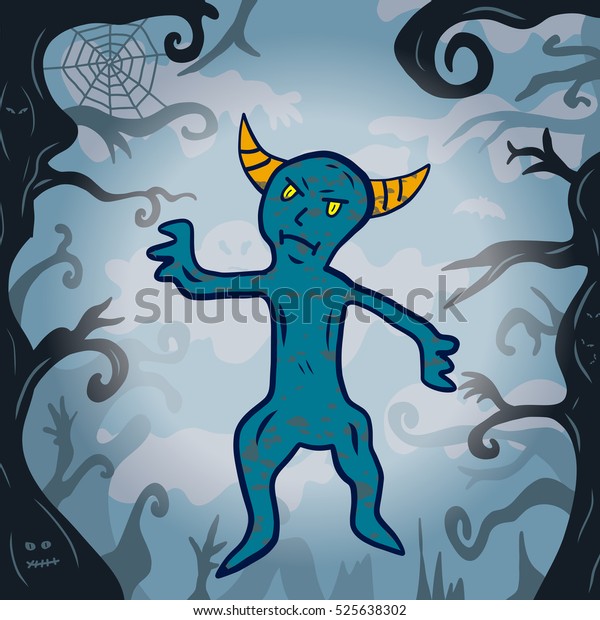 Cartoon Blue Devil Monster Spooky Forest Stock Vector (Royalty Free ...