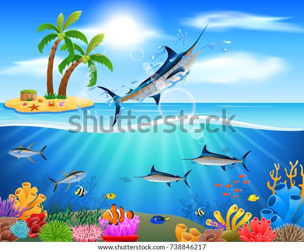 Cartoon Blue Marlin Jumping Blue Ocean Stock Vector (Royalty Free ...