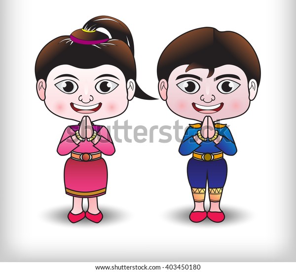 Cartoon boy and girl hello thai style.Thailand boy and girl in ...