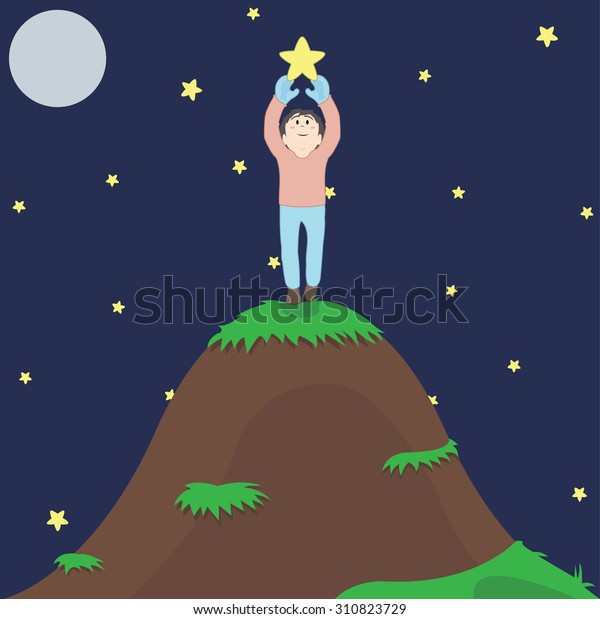 Cartoon Boy Grab Star On Mountain Stock Vector (Royalty Free) 310823729 ...