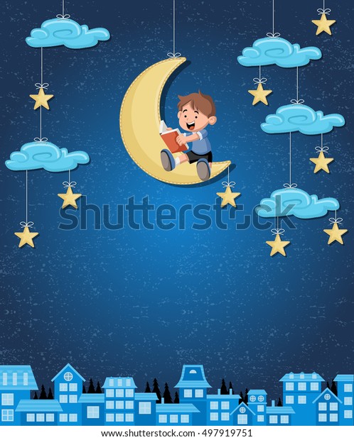 Cartoon Boy Reading Book On Moon Stock Vector (Royalty Free) 497919751 ...