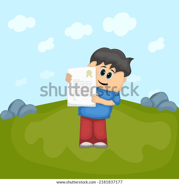 Cartoon Boy Showing Document Landscape Background Stock Vector (Royalty ...