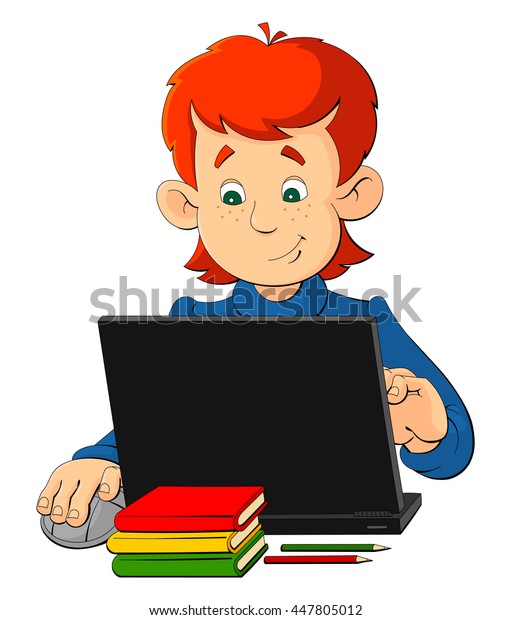 Cartoon Boy Sitting Table Laptop 스톡 벡터(로열티 프리) 447805012