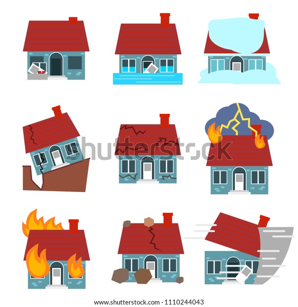 Cartoon Building Disasters Destruction Icon Set Include of Fire ...