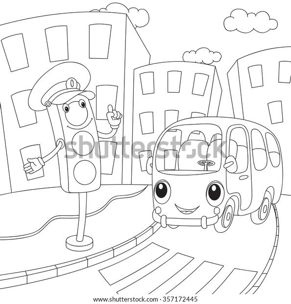 Cartoon Bus Traffic Lights Coloring Book Stock Vector (Royalty Free ...