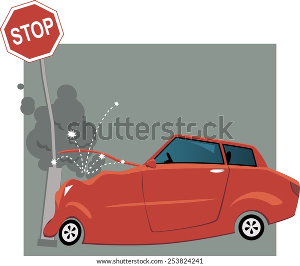 Cartoon Car Crashed Into Traffic Sign Stock Vector (Royalty Free) 253824241