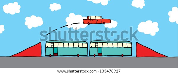 Cartoon Car Jumping Buses: เวกเตอร์สต็อก (ปลอดค่าลิขสิทธิ์) 133478927 ...