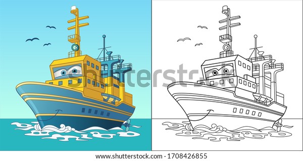 Cartoon Cargo Ship Coloring Page Colorful Stock Vector (Royalty Free ...