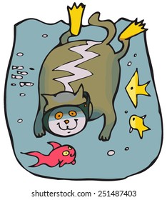 Cartoon Cat On Diving Colored Vector Stock Vector (Royalty Free) 251487403