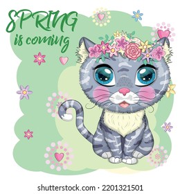 Cartoon Cat Wreath Spring Coming Cute Stock Vector (Royalty Free ...
