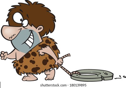 Cartoon Caveman Dragging Round Stone Stock Vector (Royalty Free ...