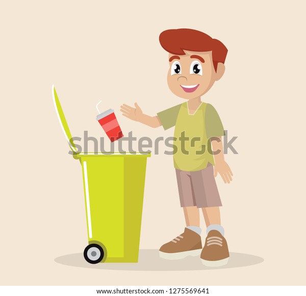 Cartoon character, Boy Put Plastic Waste In Recycling Garbage Bin ...